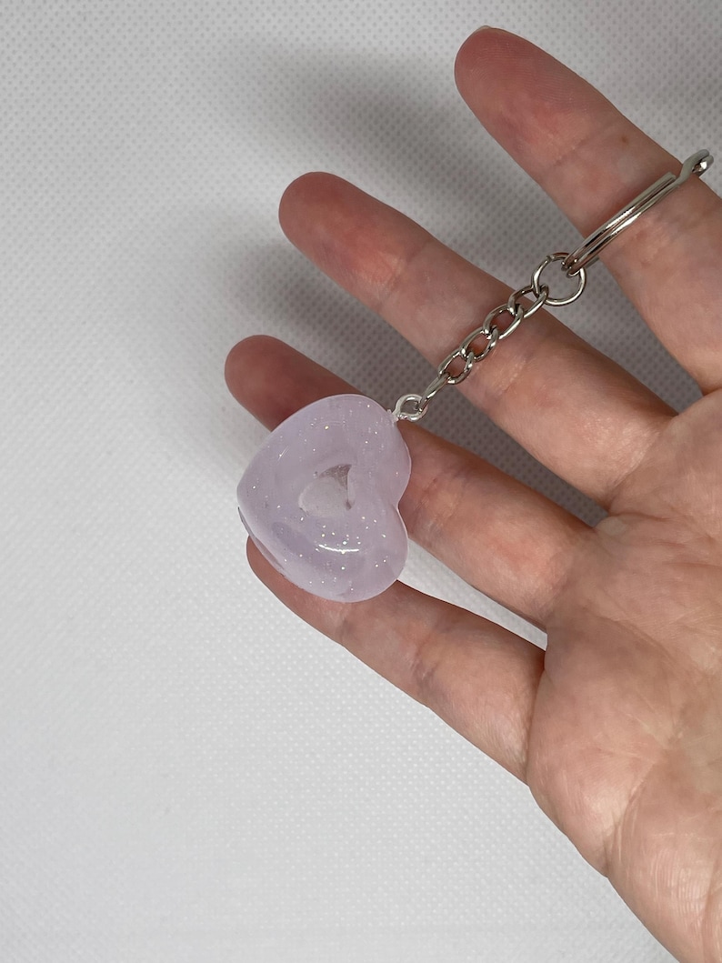 Very Light Purple and Silver Sparkly Handmade Epoxy Resin Heart Keyring ...