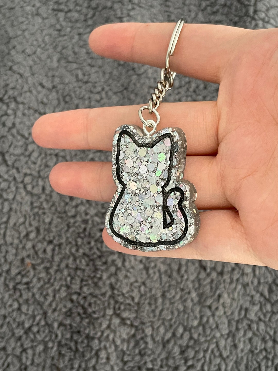 Cat Handmade Epoxy Resin Keyring, Silhouette, Silver Chunky Glitter - Etsy