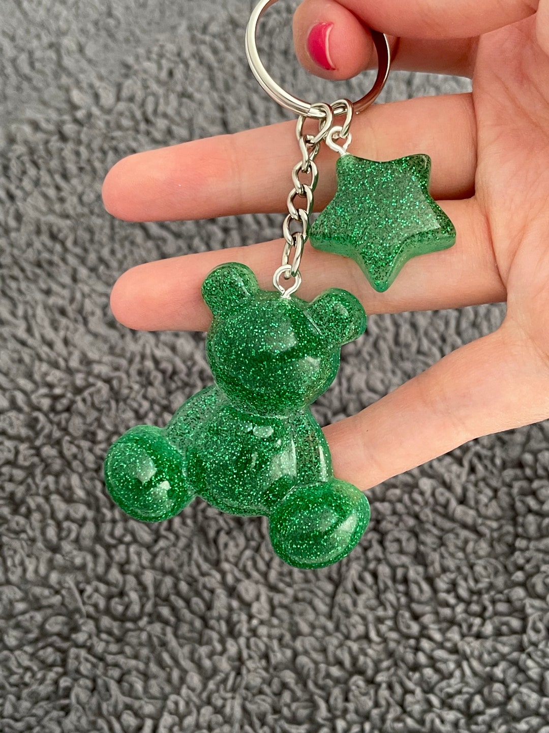 Teddy Bear Handmade Epoxy Resin Keyring, Medium, Sitting, Dark Green ...