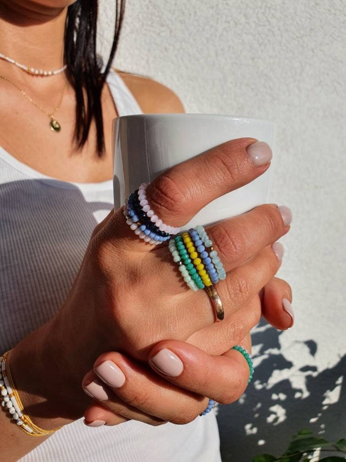 Anxiety Ring Meditation Fidget Spinner Ring Glass Beaded Ring Elastic Gold Fidget Ring Women ...