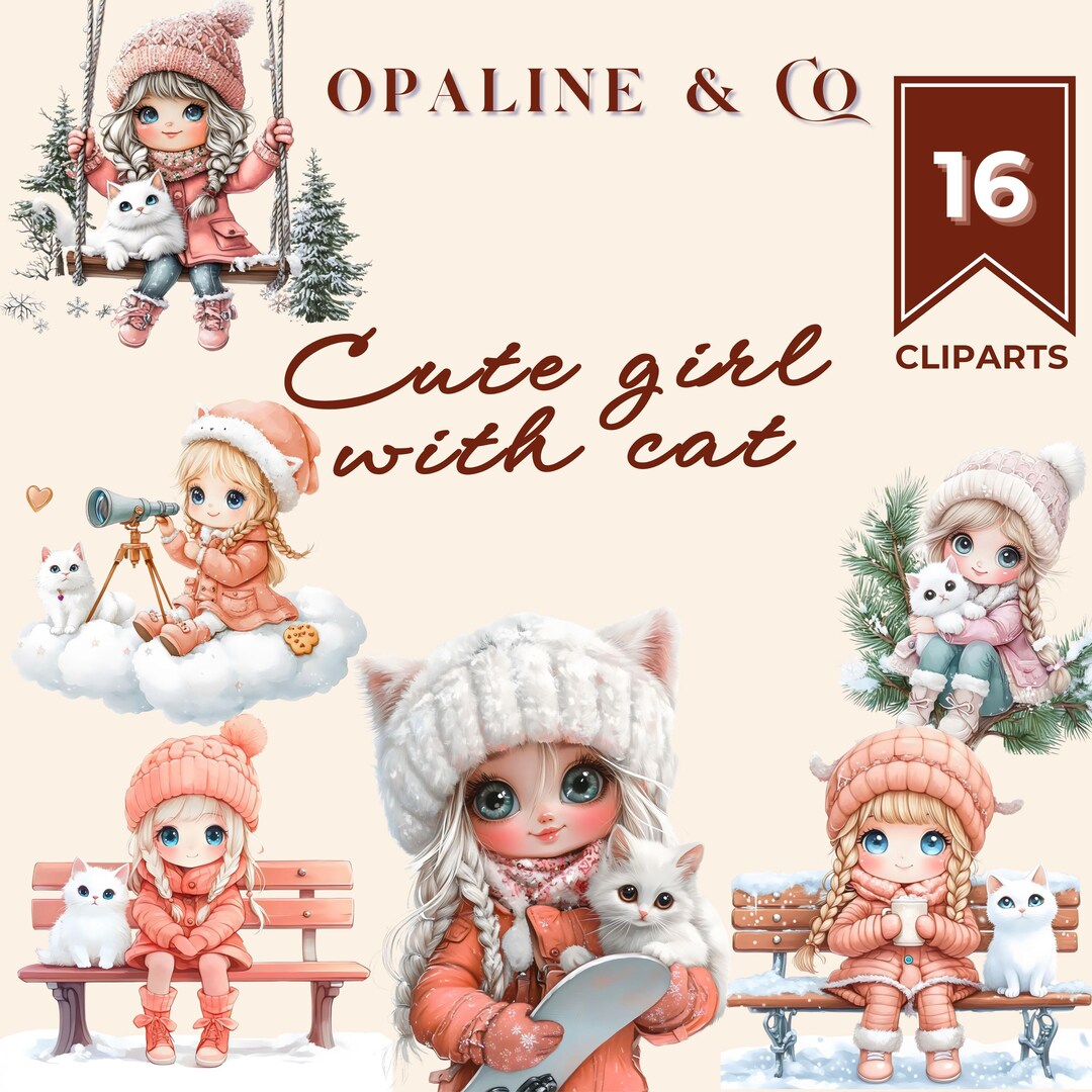 Cute Girl With Cat Clipart | Kawaii PNG | Digital Stickers for Planners ...