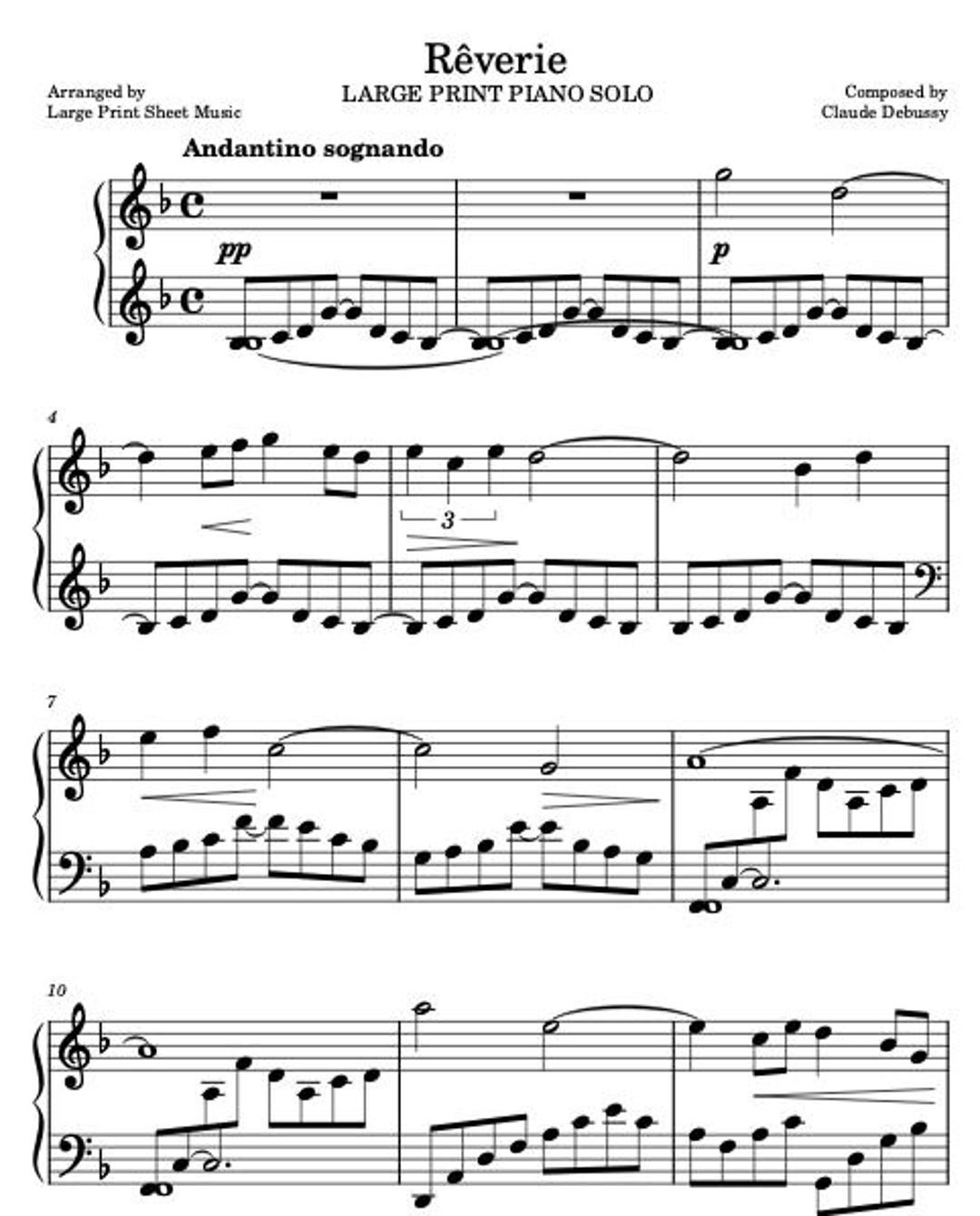 Debussy Reverie For Piano Solo Large Print Edition Digital Download