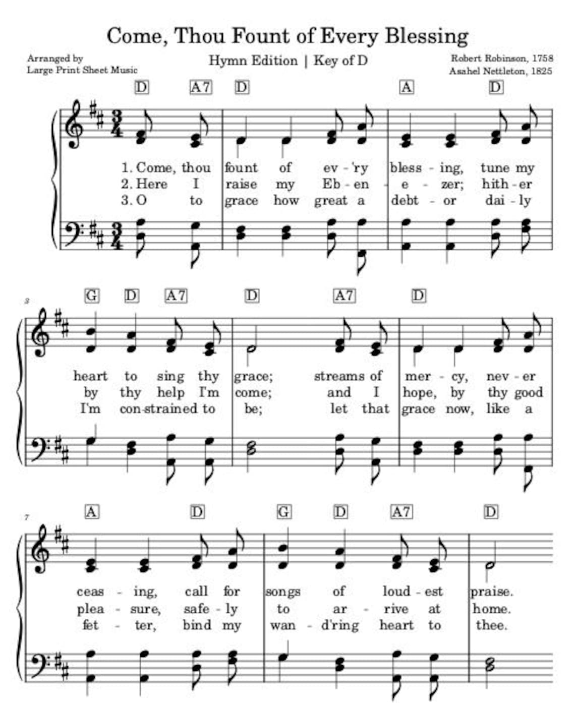 Come Thou Fount Hymn | LARGE PRINT | Hymnbook Version | Key of D Sheet ...