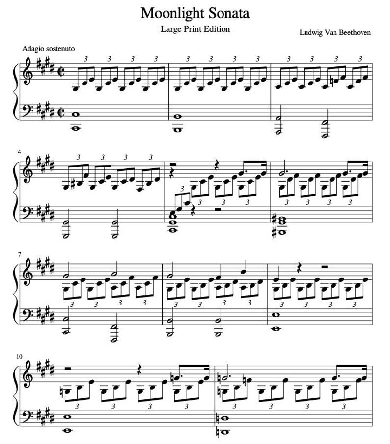 Moonlight Sonata LARGE PRINT Piano Solo Beethoven Original Sheet Music Download - Etsy