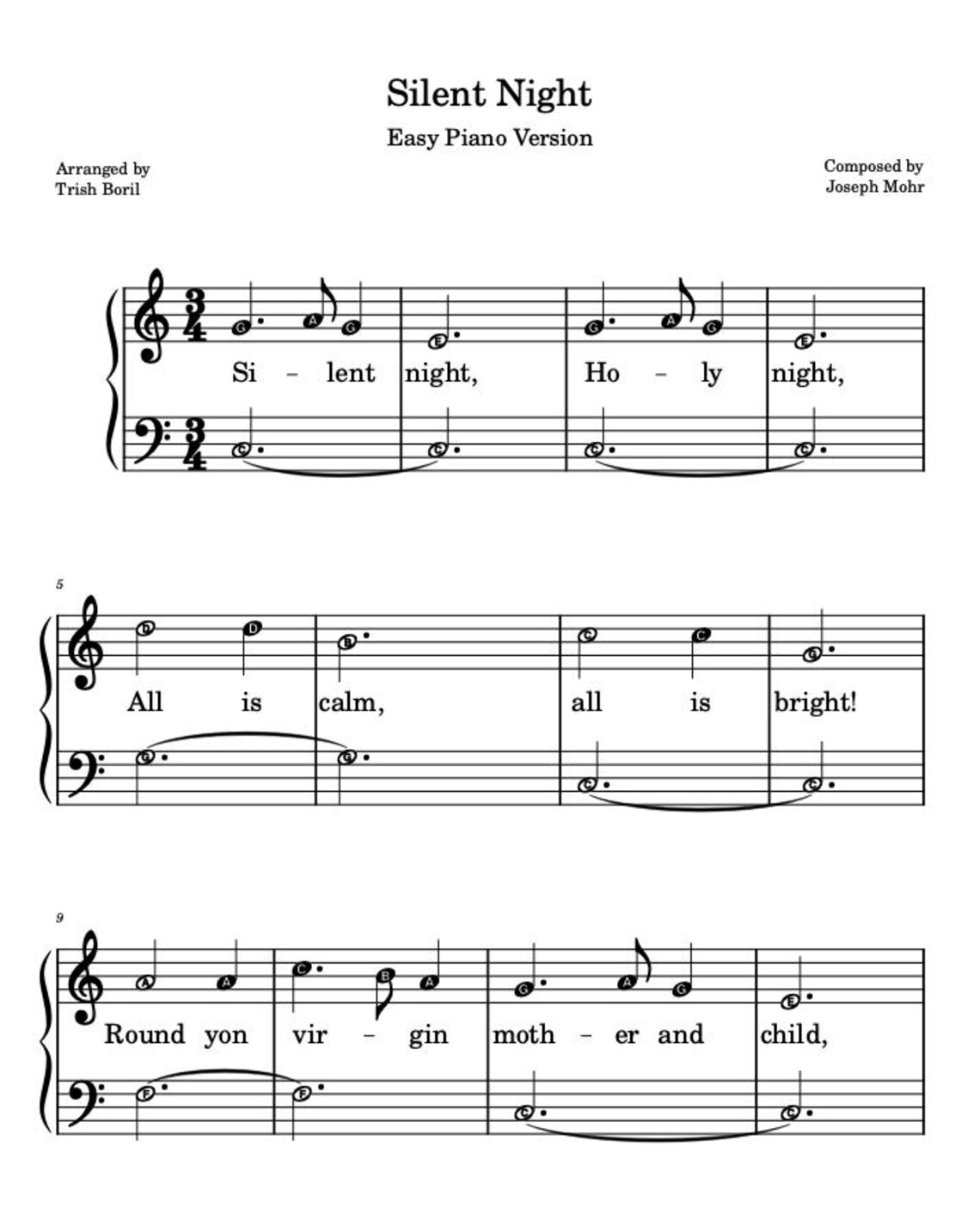 Silent Night Easy Piano Christmas Song LARGE PRINT With Note Names - Etsy