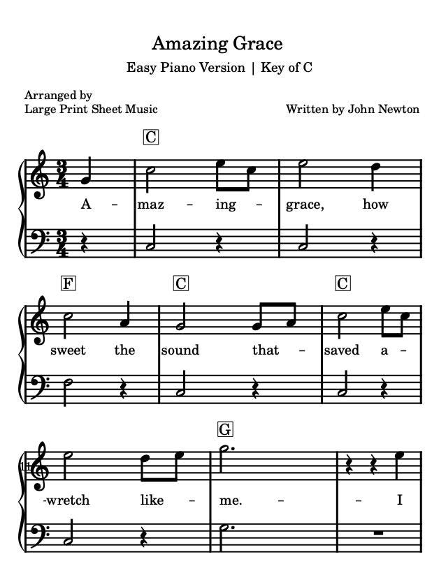 Amazing Grace for EASY Piano LARGE PRINT Hymn Sheet Music Key of C ...