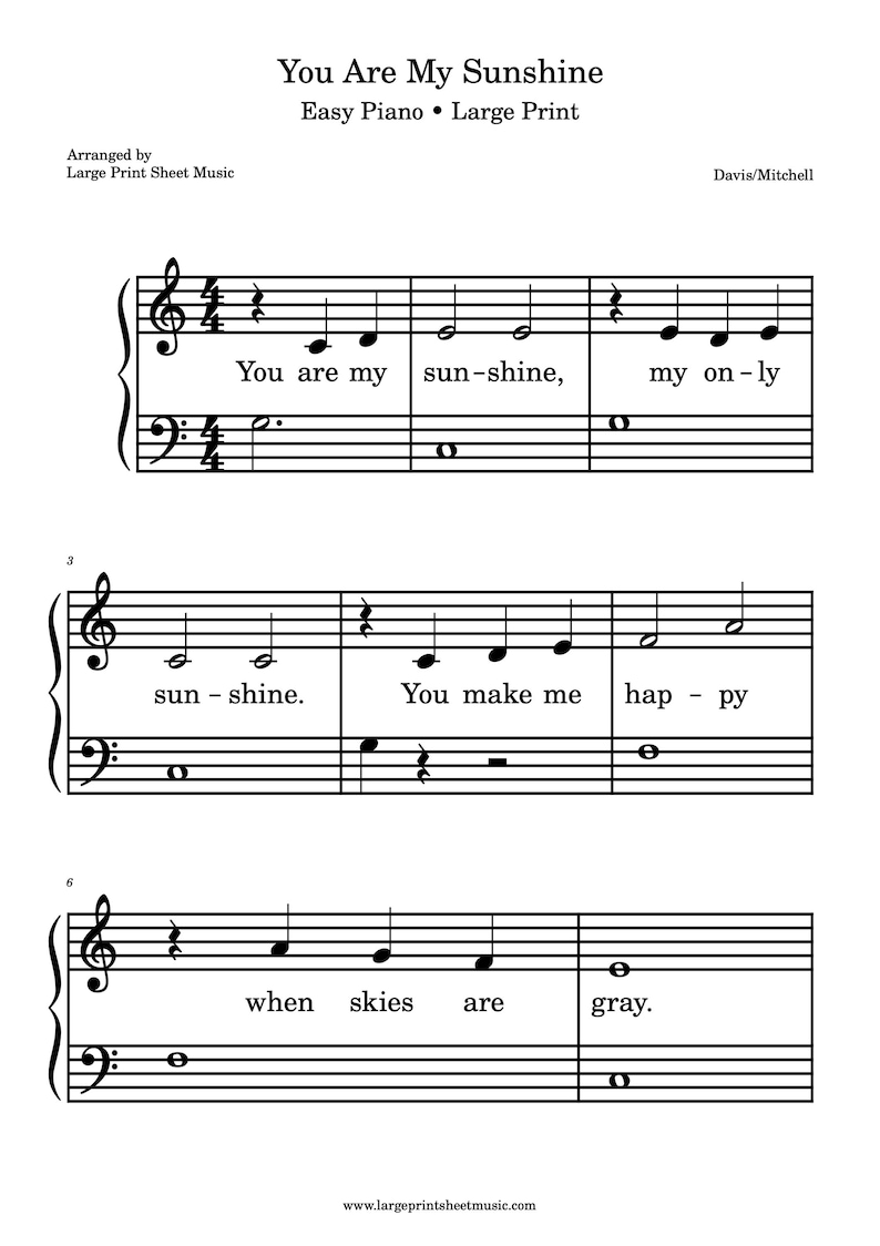 You Are My Sunshine | Easy Piano | LARGE PRINT - Etsy
