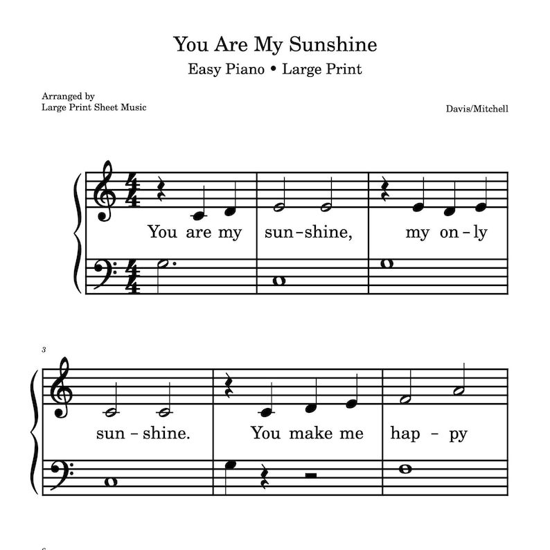 You Are My Sunshine | Easy Piano | LARGE PRINT - Etsy
