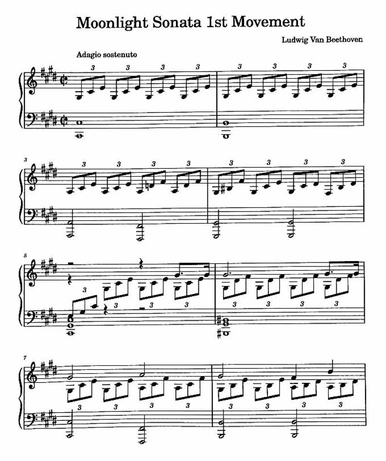 Moonlight Sonata LARGE PRINT Piano Solo Beethoven Original Sheet Music ...