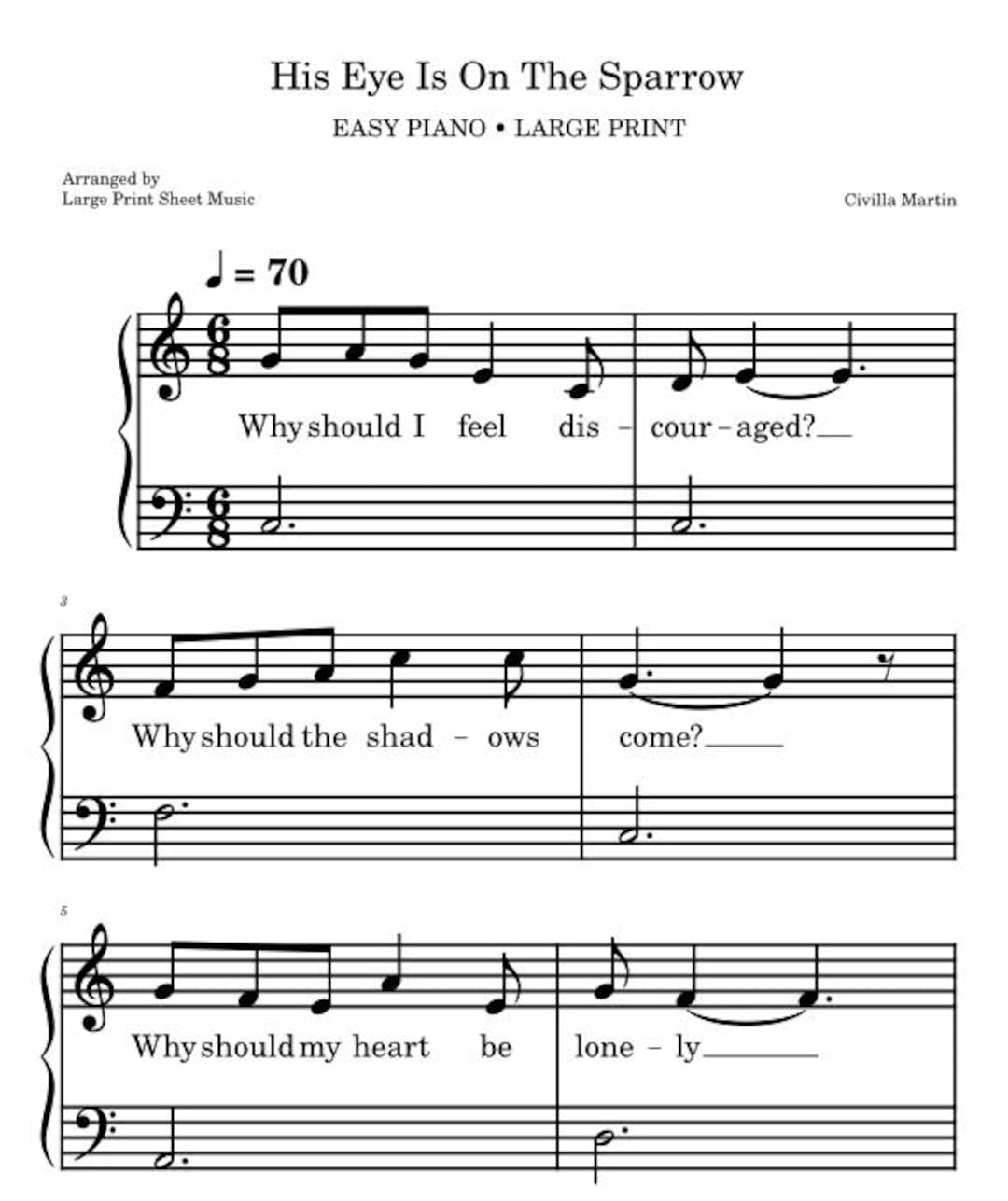 His Eye is on the Sparrow - Easy Piano Hymn Sheet Music (LARGE PRINT ...