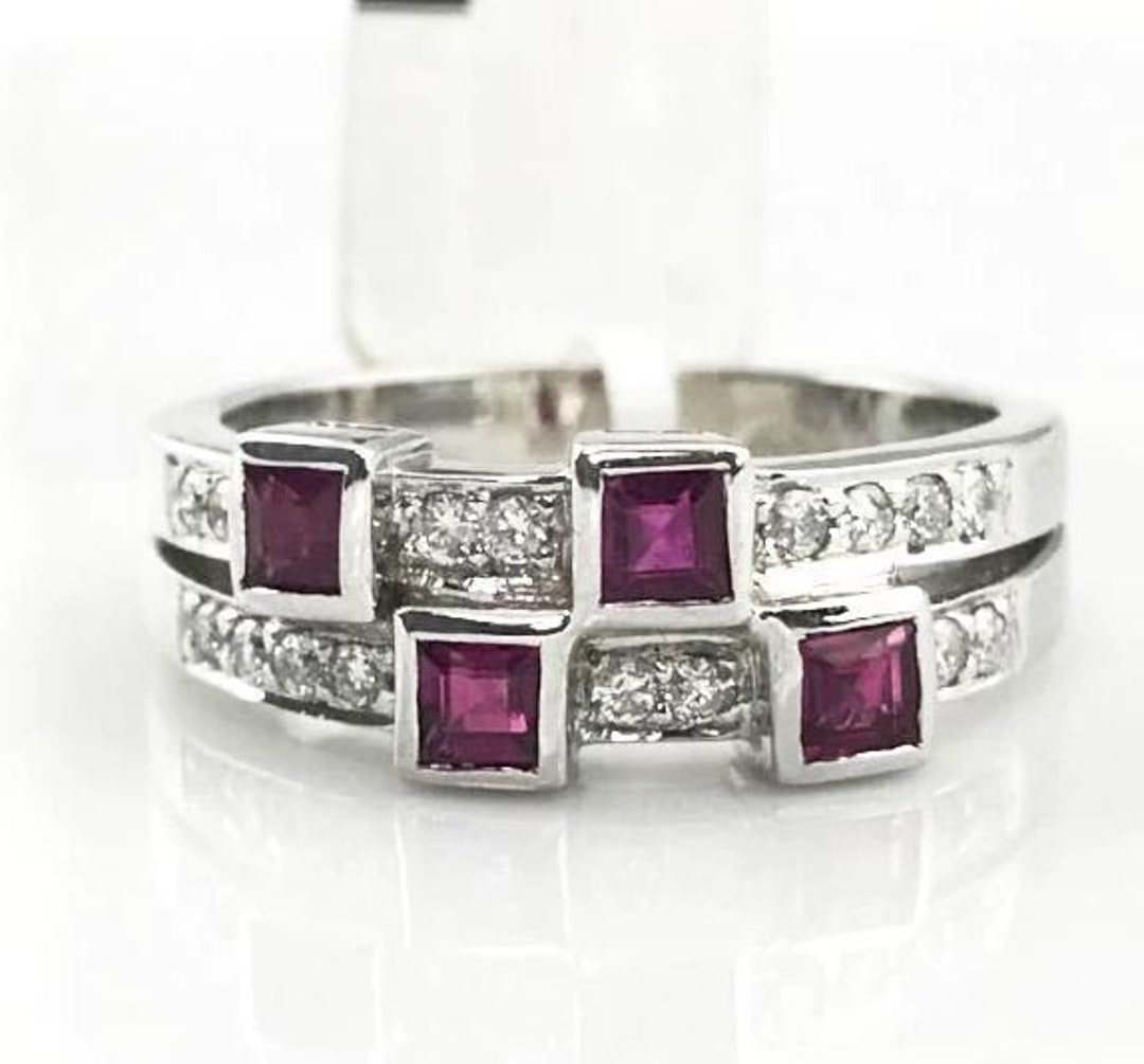2.2 Ct Princess Cut Pink Ruby, Wedding Engagement Band, 14K White Gold ...