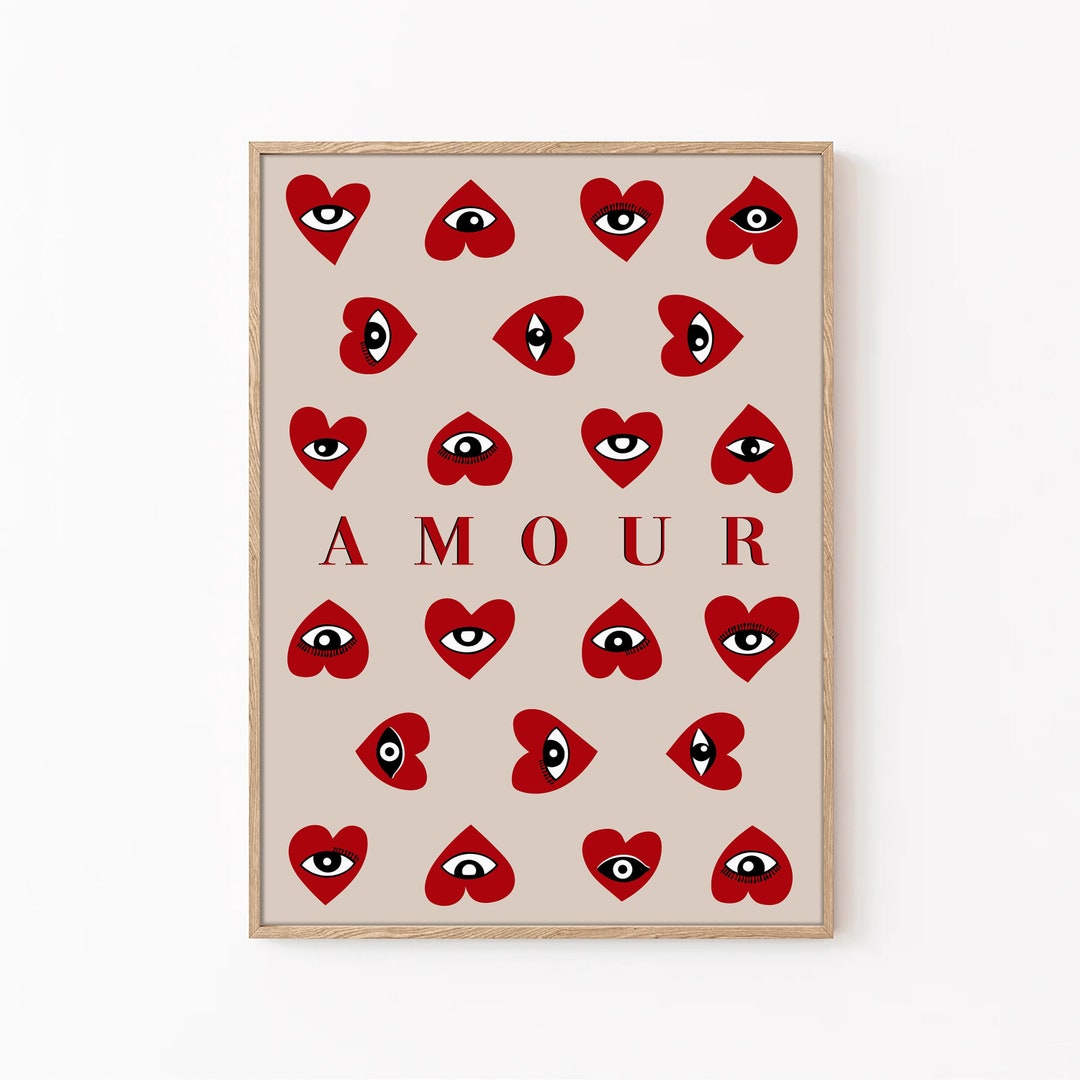 Amour Poster, Red Colour Poster, Hearts Print, Eyes Poster, Amor Print ...