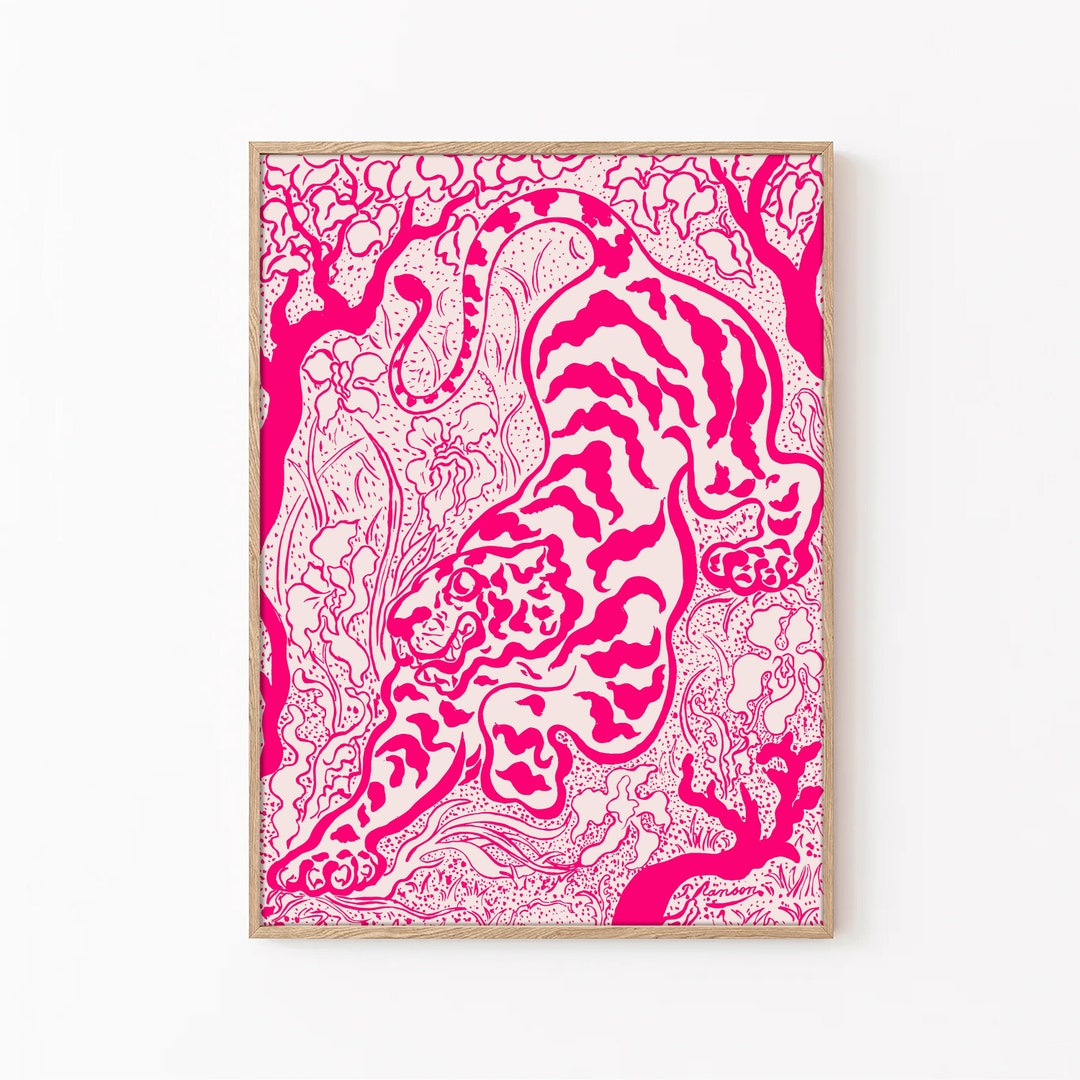 Pink Tiger Poster, Pink Wall Art, Retro Tiger Print, Tiger Poster, Pink ...
