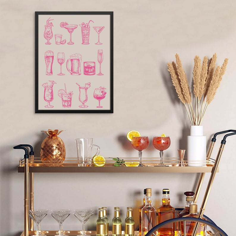 Retro Bar Cart Poster Pink Bar Cart Poster Bar Cart Print - Etsy