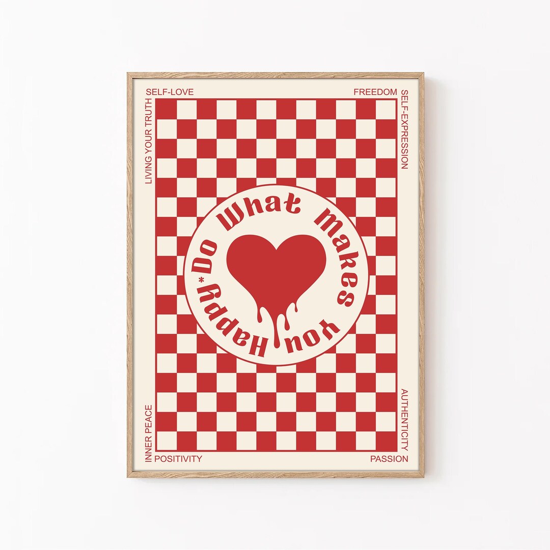 Retro Poster, Trendy Retro Print, Checkered Poster, Quote Wall Art, Red ...