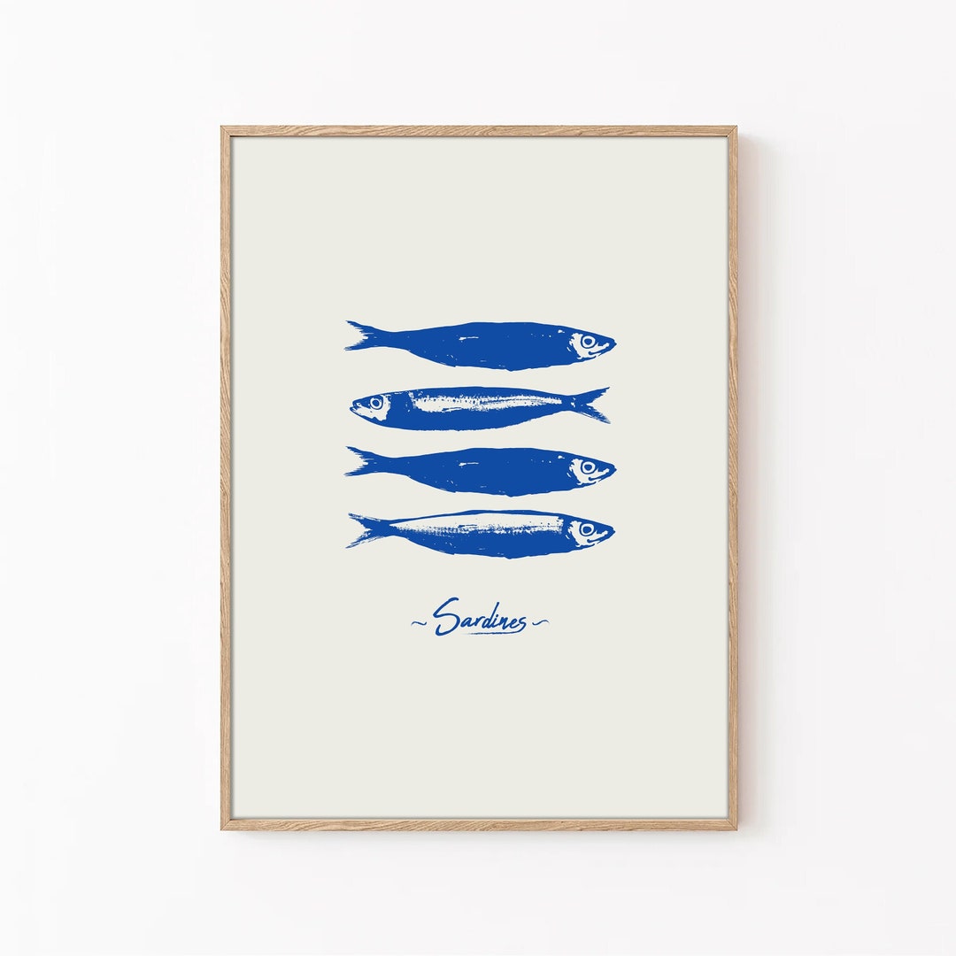 Blue Sardines Poster, Retro Sardines Print, Blue Kitchen Print, Retro ...