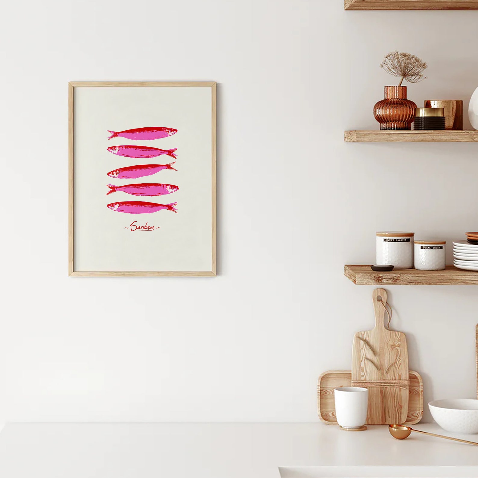Pink Sardines Print, Retro Sardines Print, Retro Kitchen Decor, Pink ...
