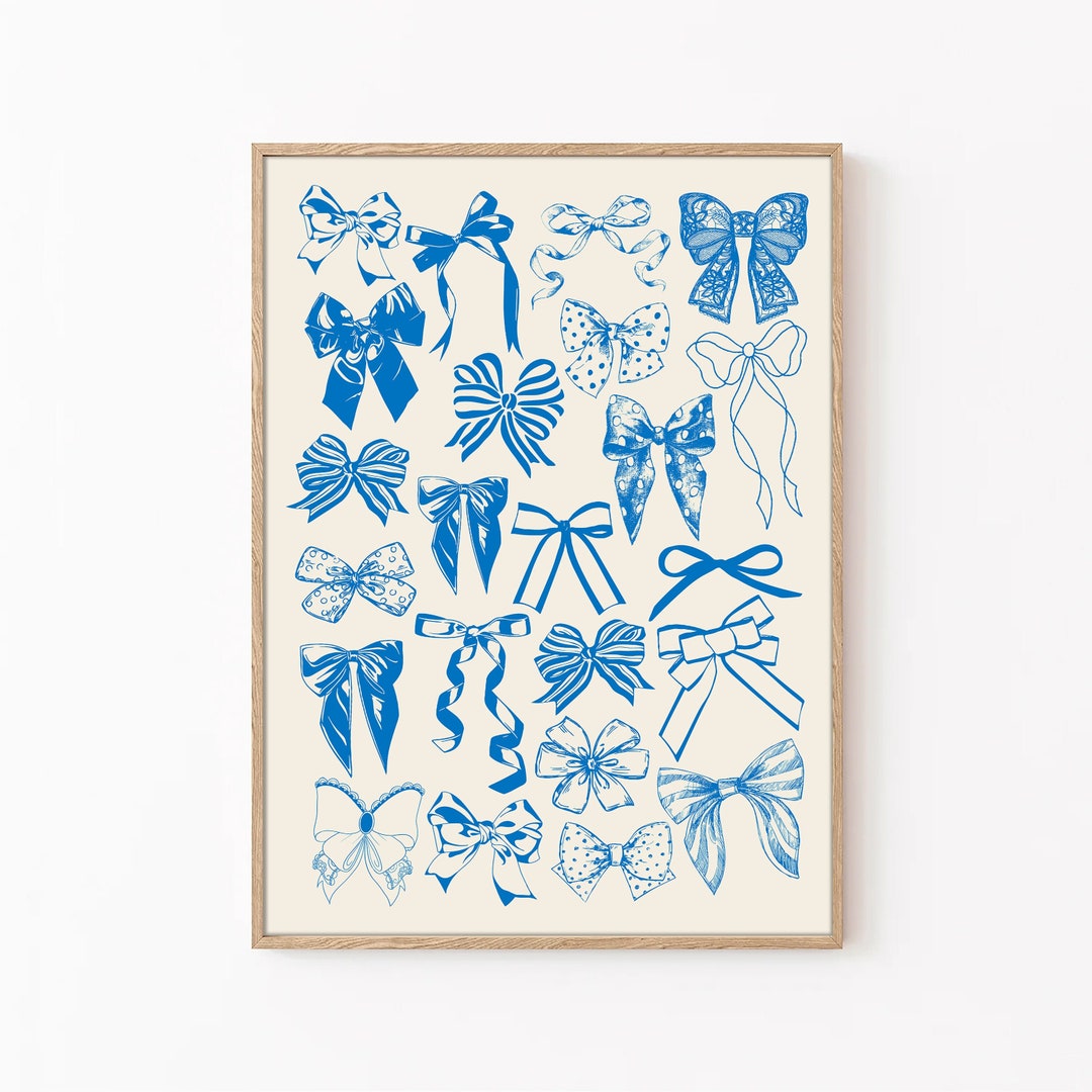 Blue Bow Poster, Ribbon Bow Print, Blue Colour Art, Bow Wall Art, Blue ...