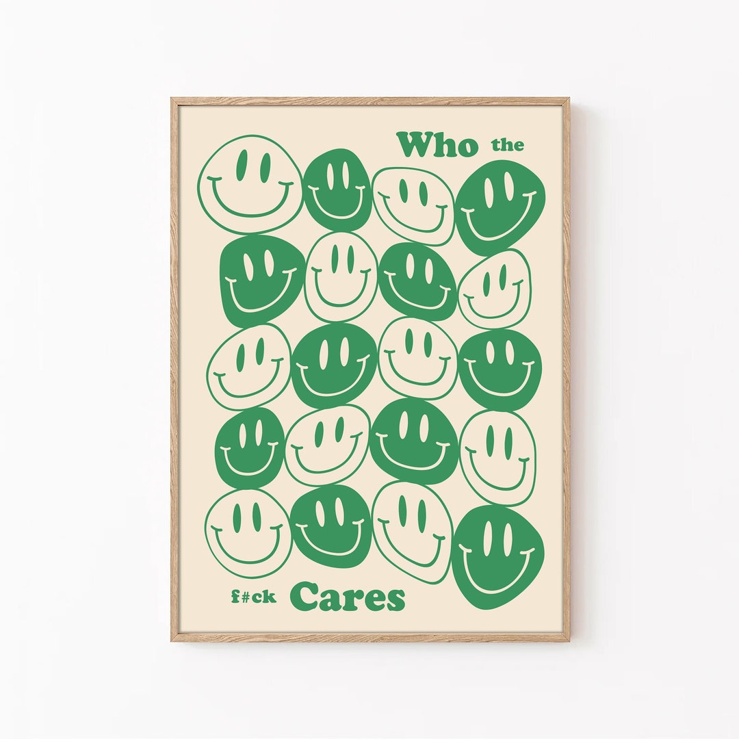 Retro Green Smiley Face Poster: "who Cares" Wall Art (digital Download ...