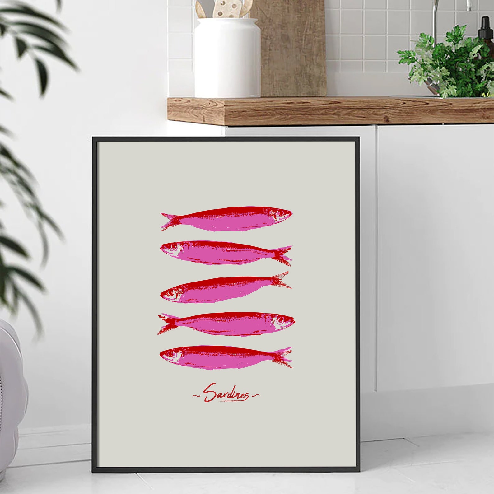 Pink Sardines Print, Retro Sardines Print, Retro Kitchen Decor, Pink ...