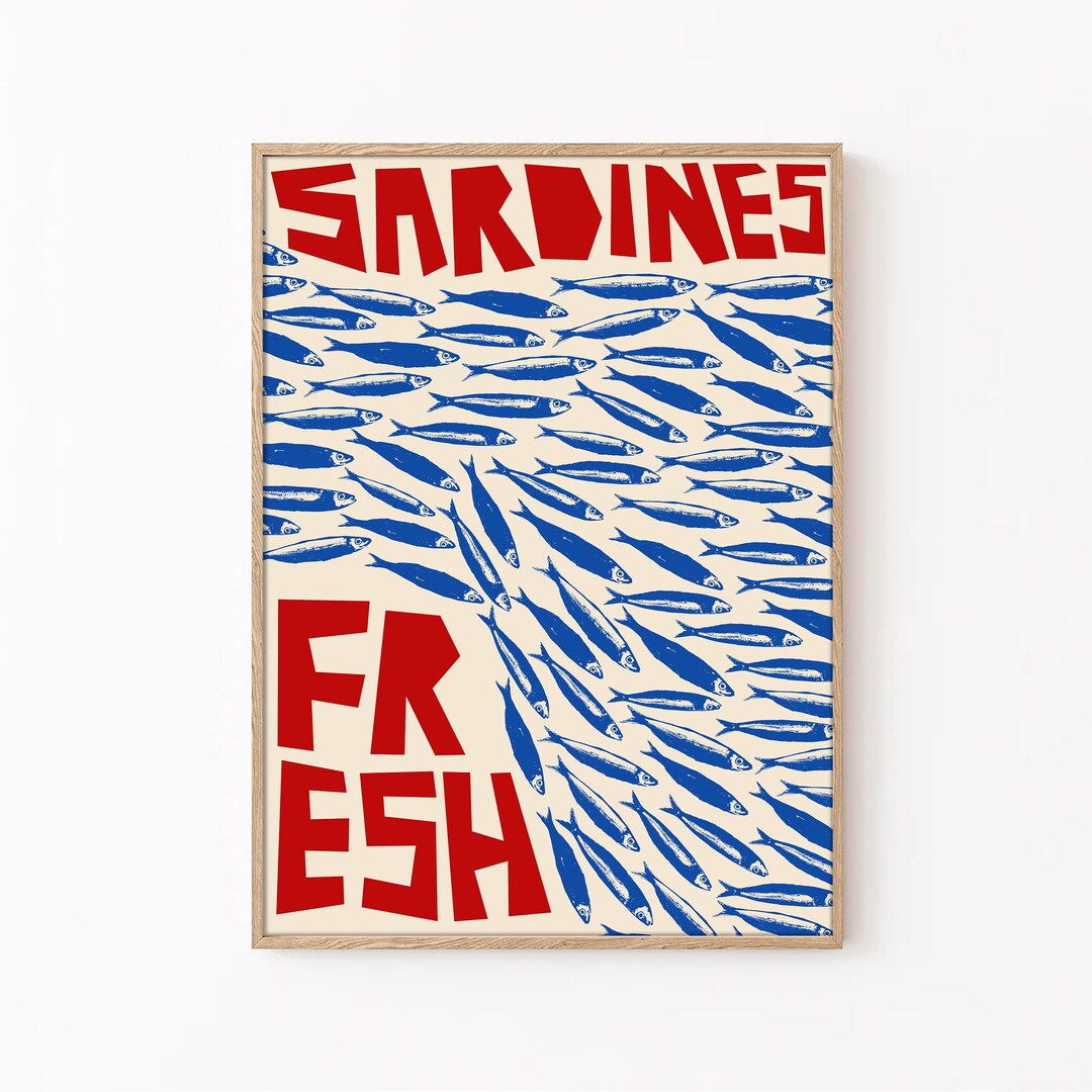Blue Sardines Poster, Sardines Wall Art, Retro Sardines Print, Red Blue ...