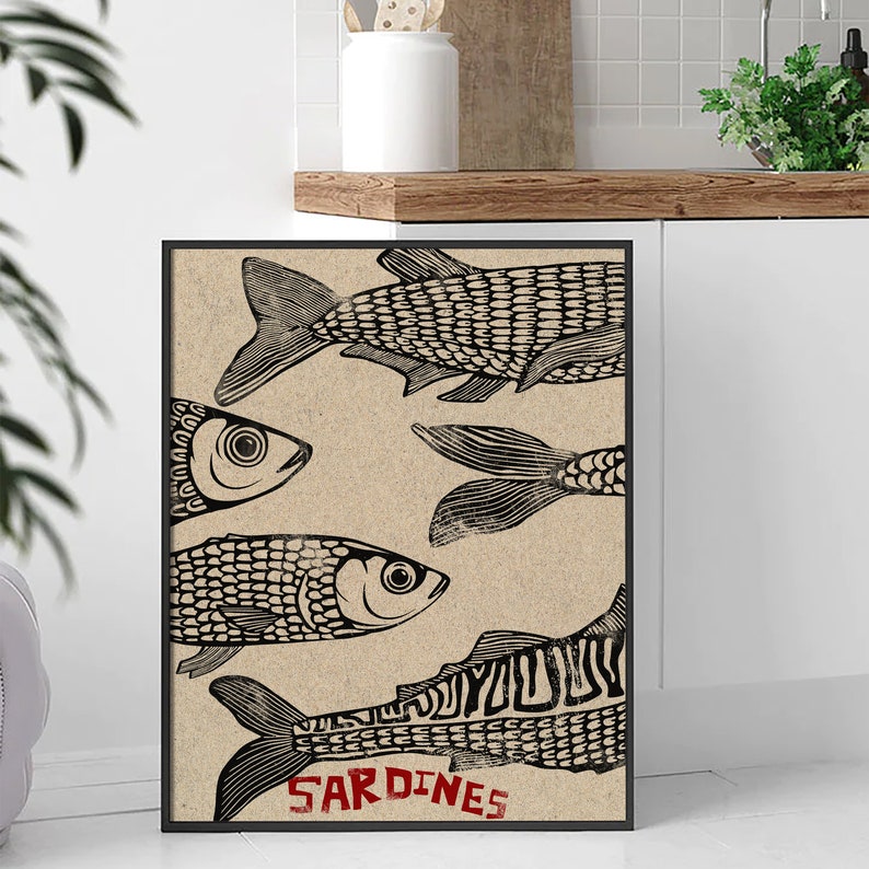 Sardines Poster, Retro Sardines Wall Art, Fish Print, Retro Kitchen ...