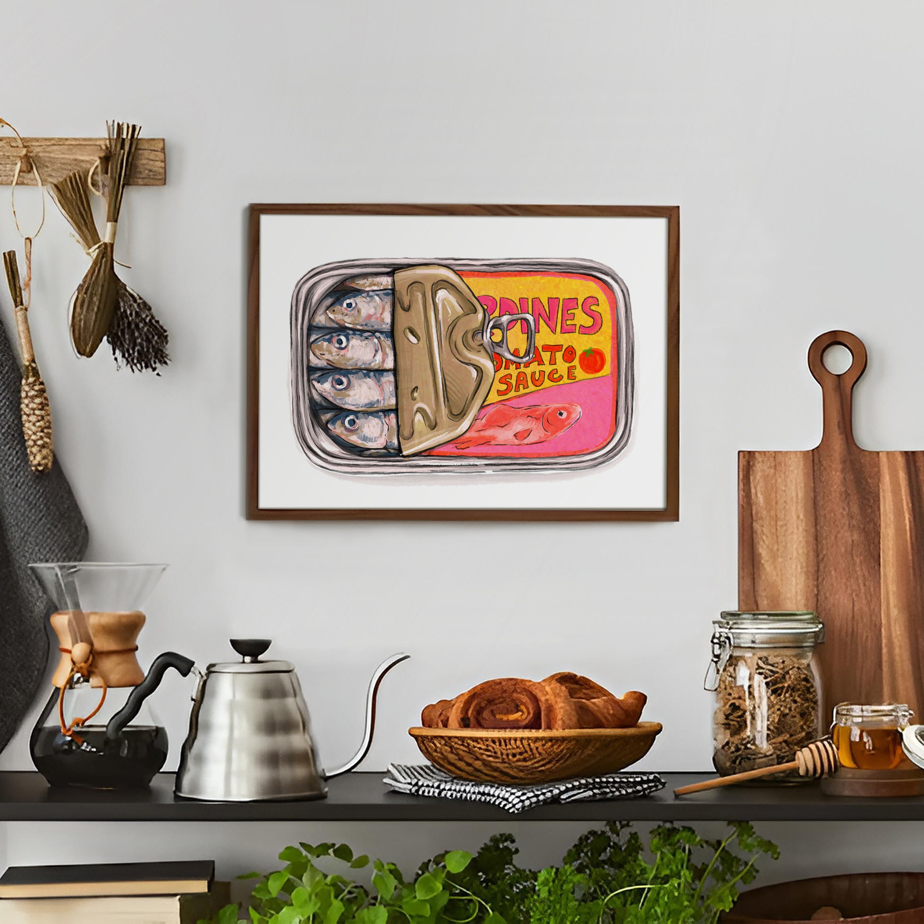 Sardines Poster, Retro Sardines Wall Art, Water Color Fish Print, Retro ...