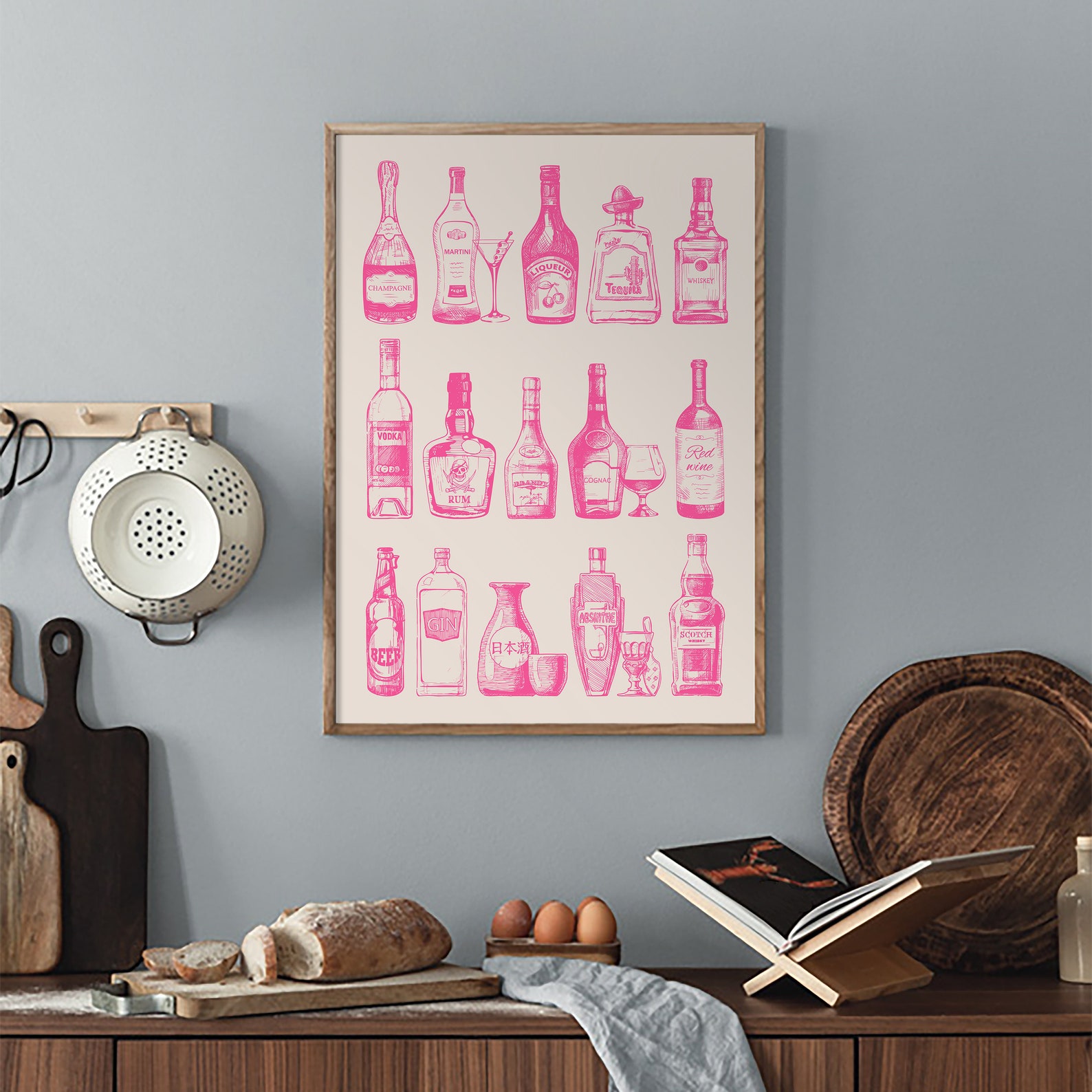 Retro Bar Cart Poster, Pink Bar Cart Poster, Bar Cart Print, Pink Retro ...