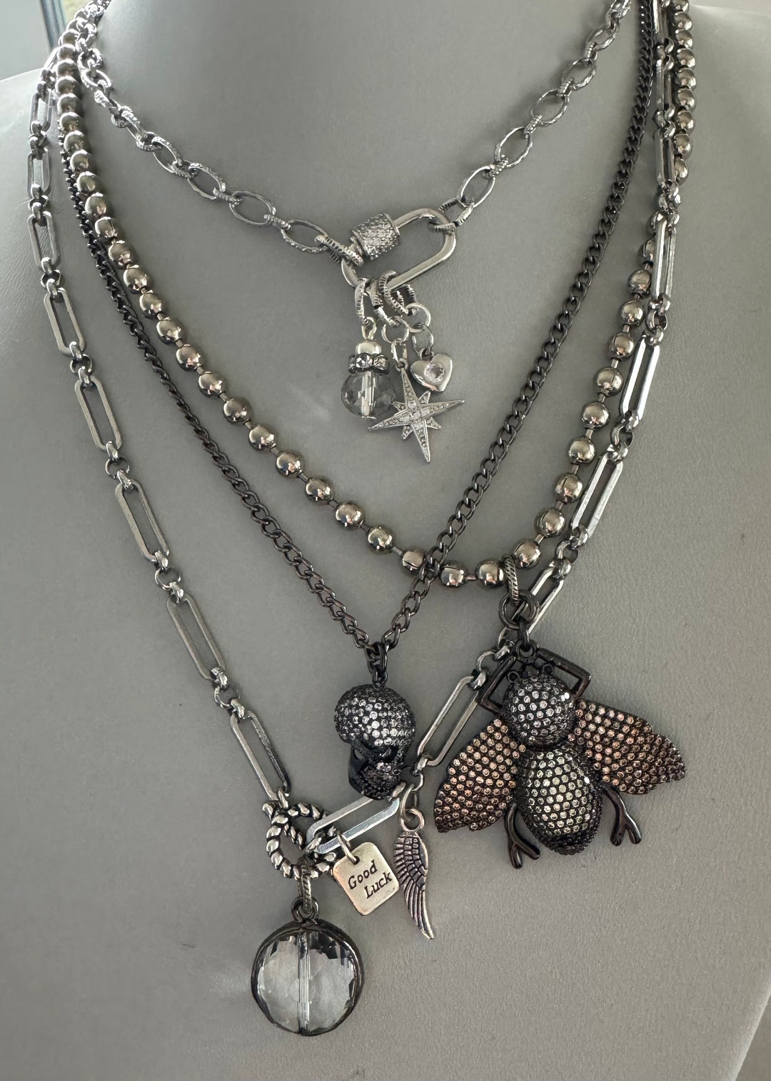 Silver Necklaces/ Cz Paved Skull, Fly, Carabiner, Crystal Charm - Etsy