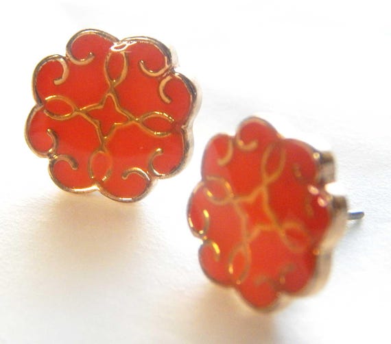Tiny Orange Enamel and Gold Persian Flower Geometry S… - Gem