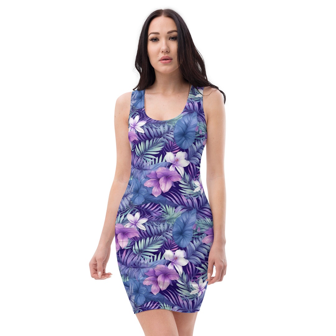 Cute Blue Purple Dress, Blue and Purple Flower Dress, Tropical Body Con ...