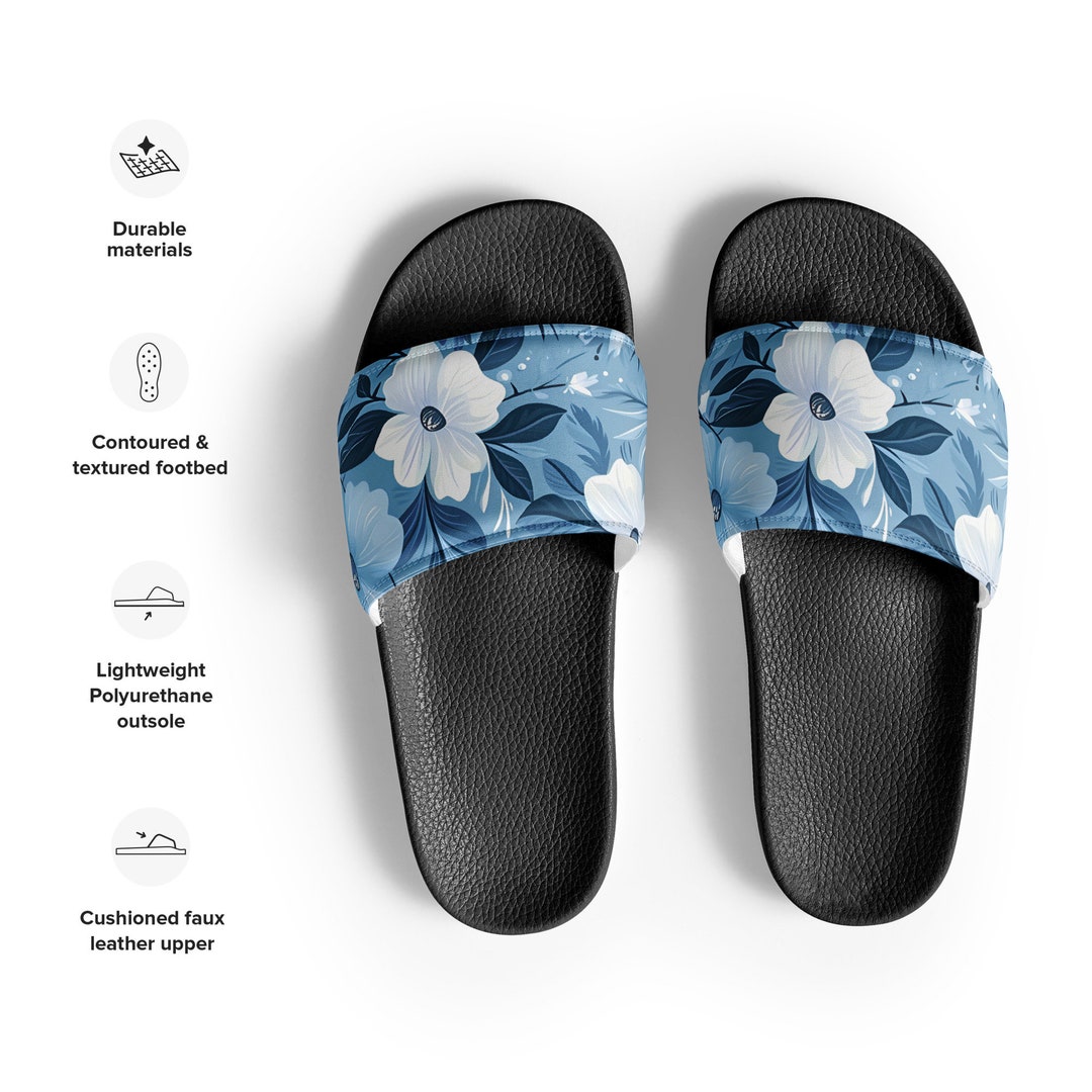 Women's Flower Slides, Blue and White Slides, Flower Sandals for Women ...
