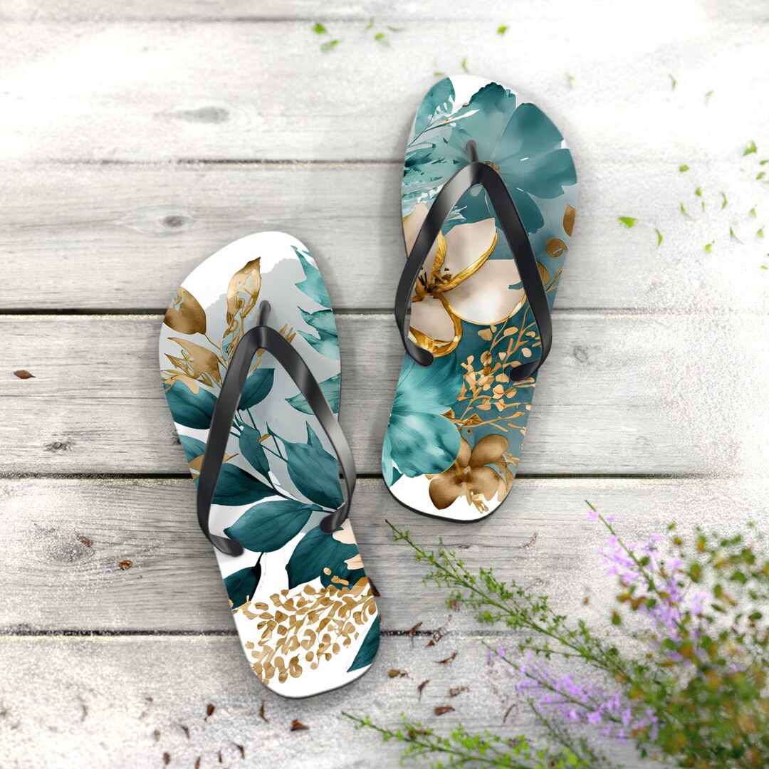 Flower Flip Flops, Summer Flip Flops, Cute Summer Sandals, Blue and ...