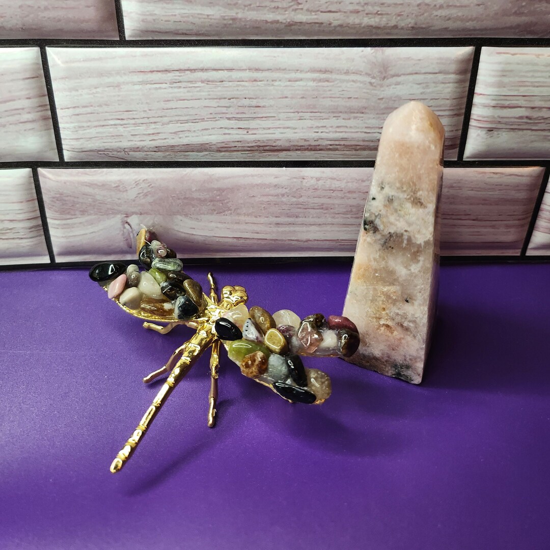 Two Pieces: Crystal Stone Gold Dragonfly With Pink Amethyst Crystal ...