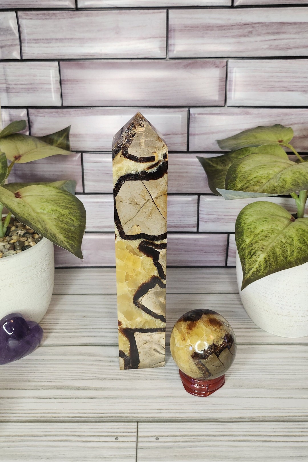 Two Pieces: Septarian Crystal Stone Tower and Small Sphere - Etsy