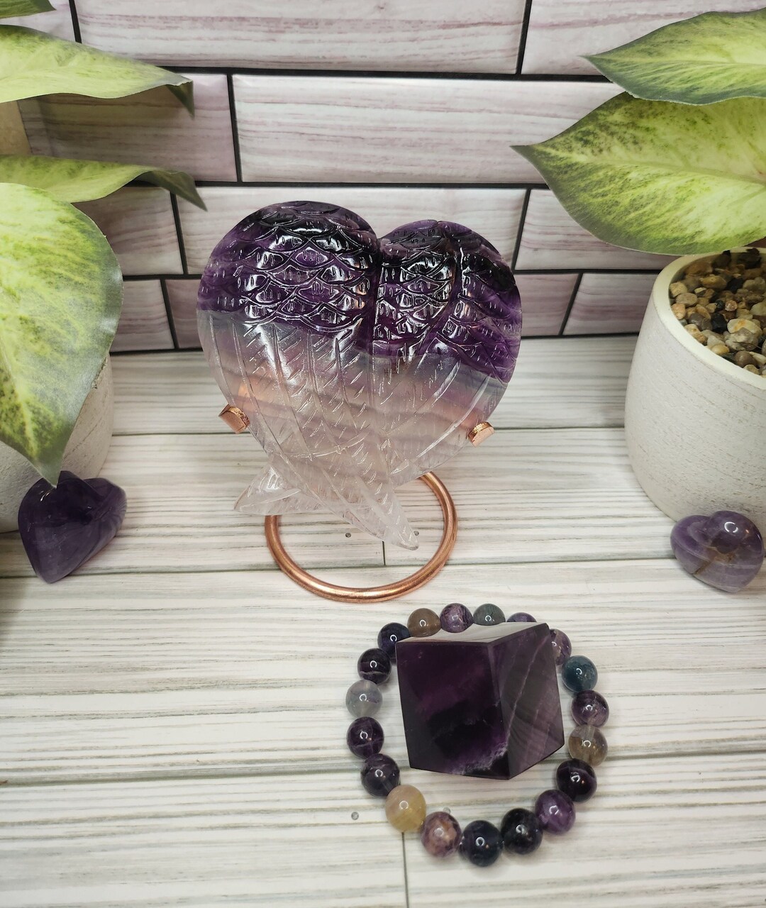 Three Pieces: Fluorite Angel Wings, Cube, and Beaded Bracelet - Etsy