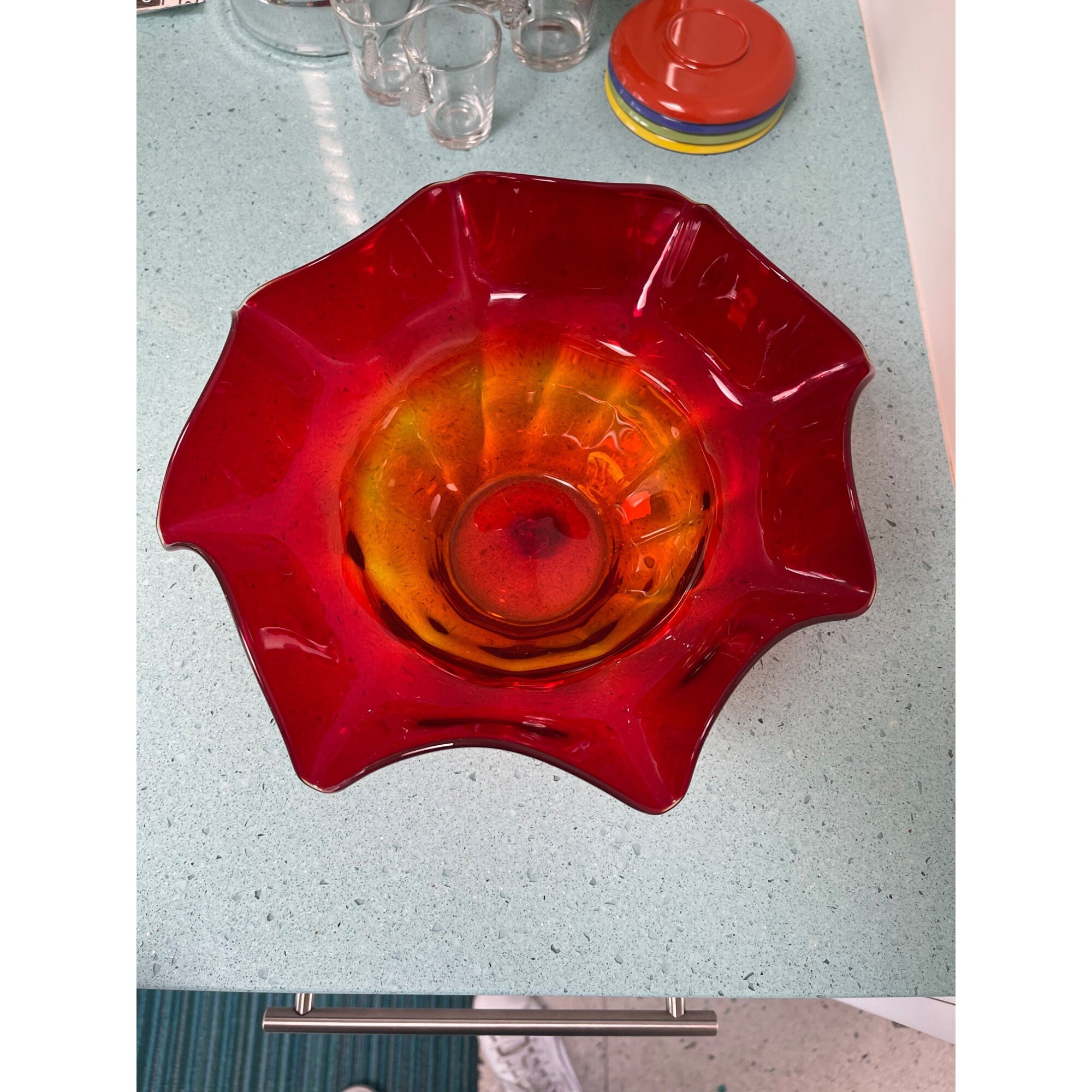 Blenko Vintage Amberina Ruffle Bowl Red Size Large Mid Century Modern ...
