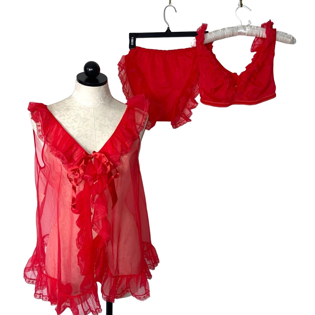 Vintage Womens Babydoll Nightie Set Red Size Small Nylon Ruffle ...