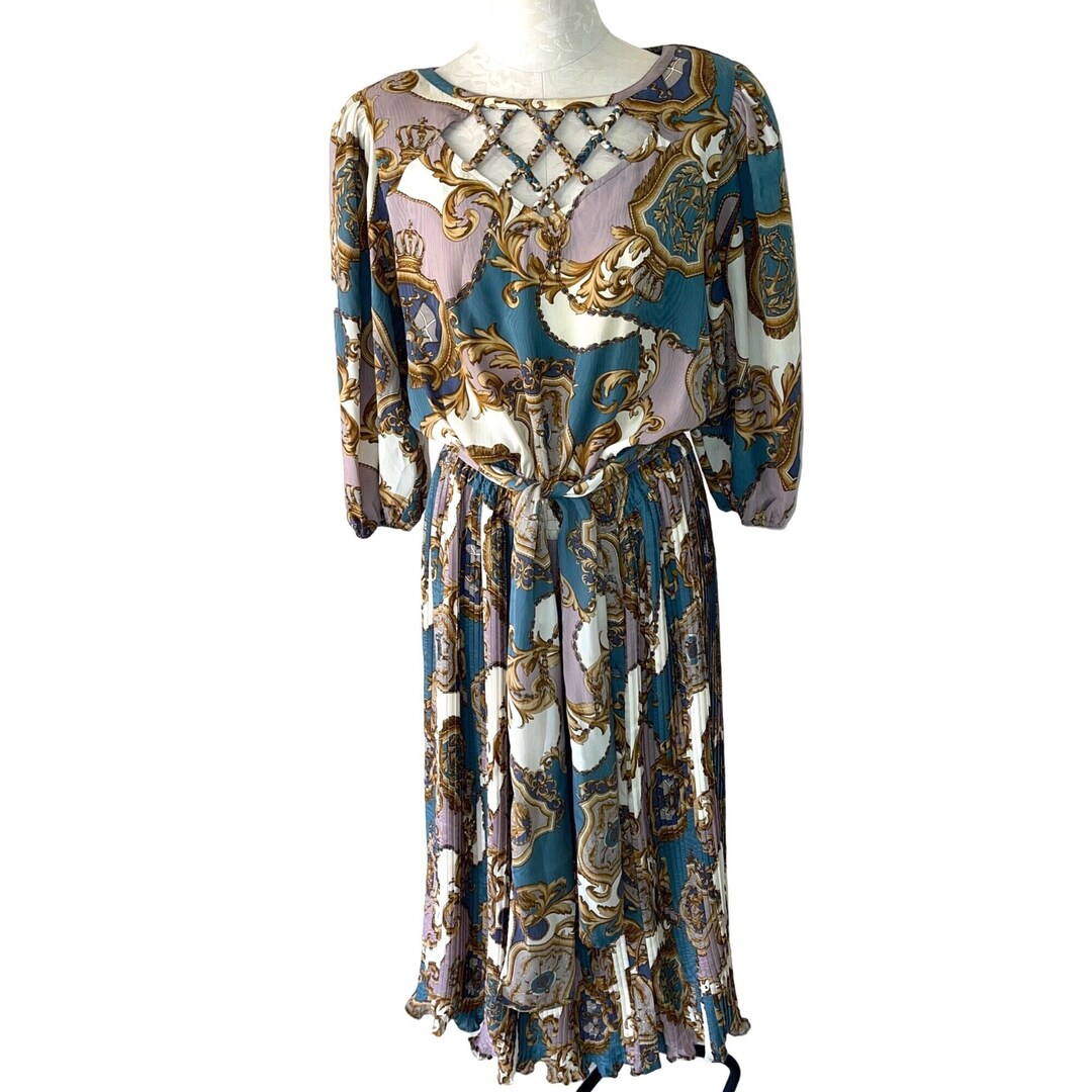 Diane Freis Original Georgette Dress Womens Braid Work Pleated Scarf ...