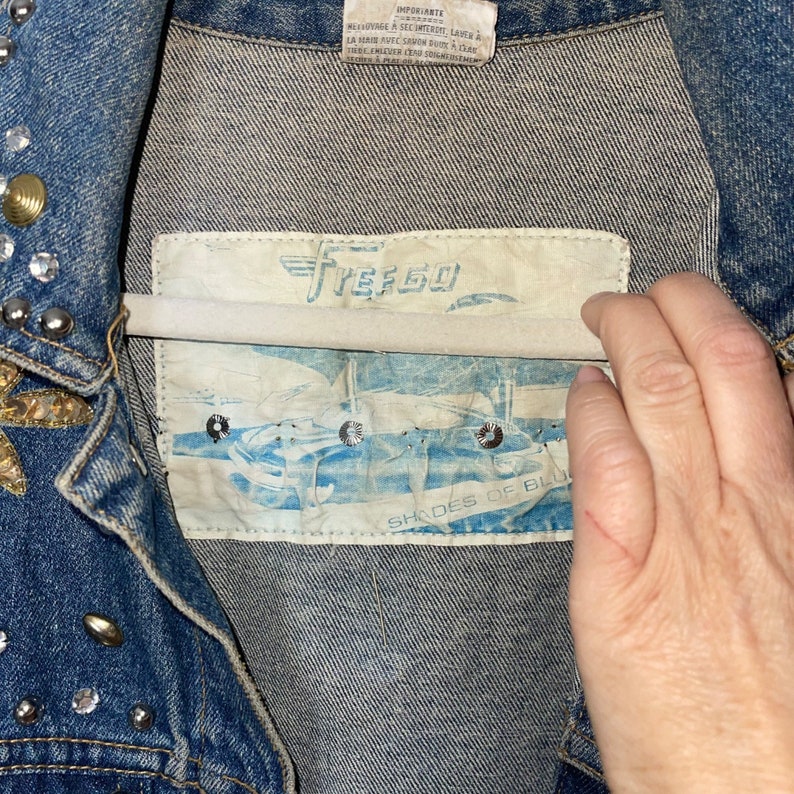 Vintage Freego Womens Denim Jacket Blue Size Medium Embellished Button ...