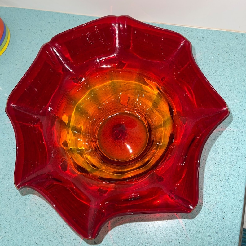 Blenko Vintage Amberina Ruffle Bowl Red Size Large Mid Century Modern ...