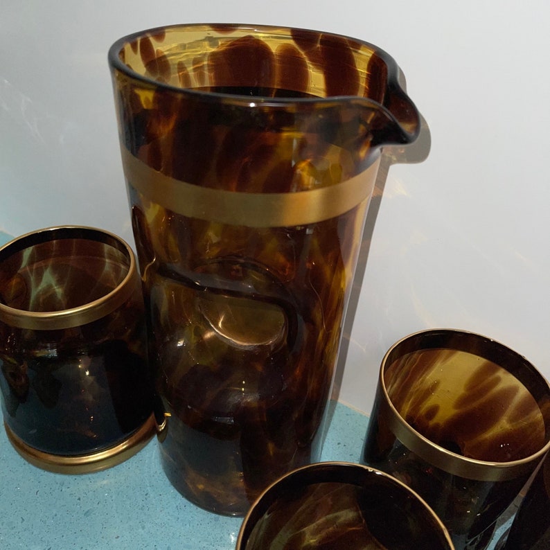 Empoli Glass Pitcher Glasses Set Vintage Bar Tortoise Shell Tartaruga ...