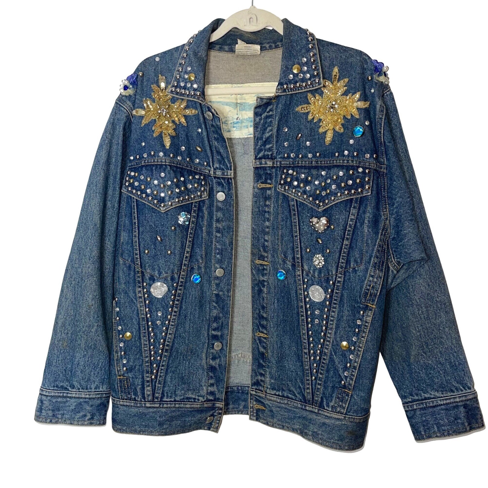 Vintage Freego Womens Denim Jacket Blue Size Medium Embellished Button ...