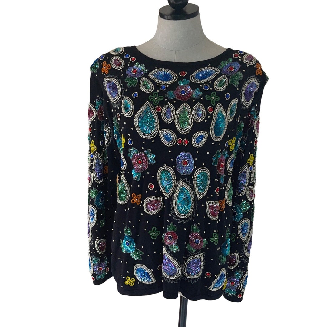 Carducci Vintage Womens Sweater Size Medium Black Sequin Beaded Pure ...