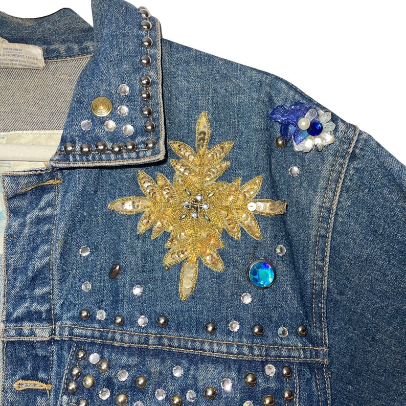 Vintage Freego Womens Denim Jacket Blue Size Medium Embellished Button ...