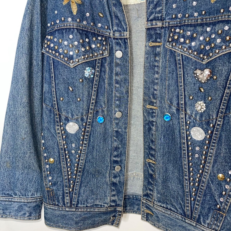 Vintage Freego Womens Denim Jacket Blue Size Medium Embellished Button ...