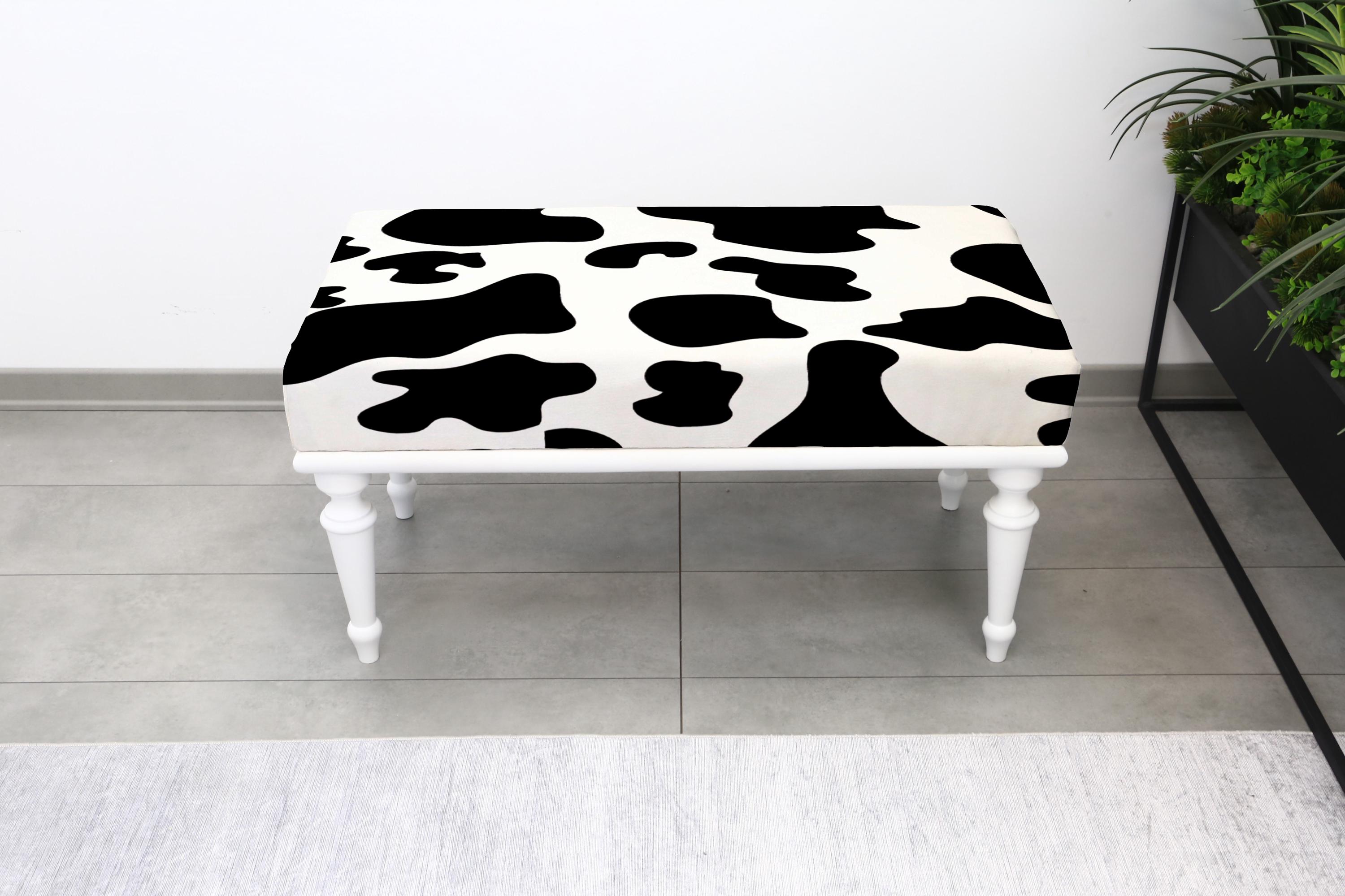 Black and White Cow Print Bench, Upholstered Rectangular Footstool ...