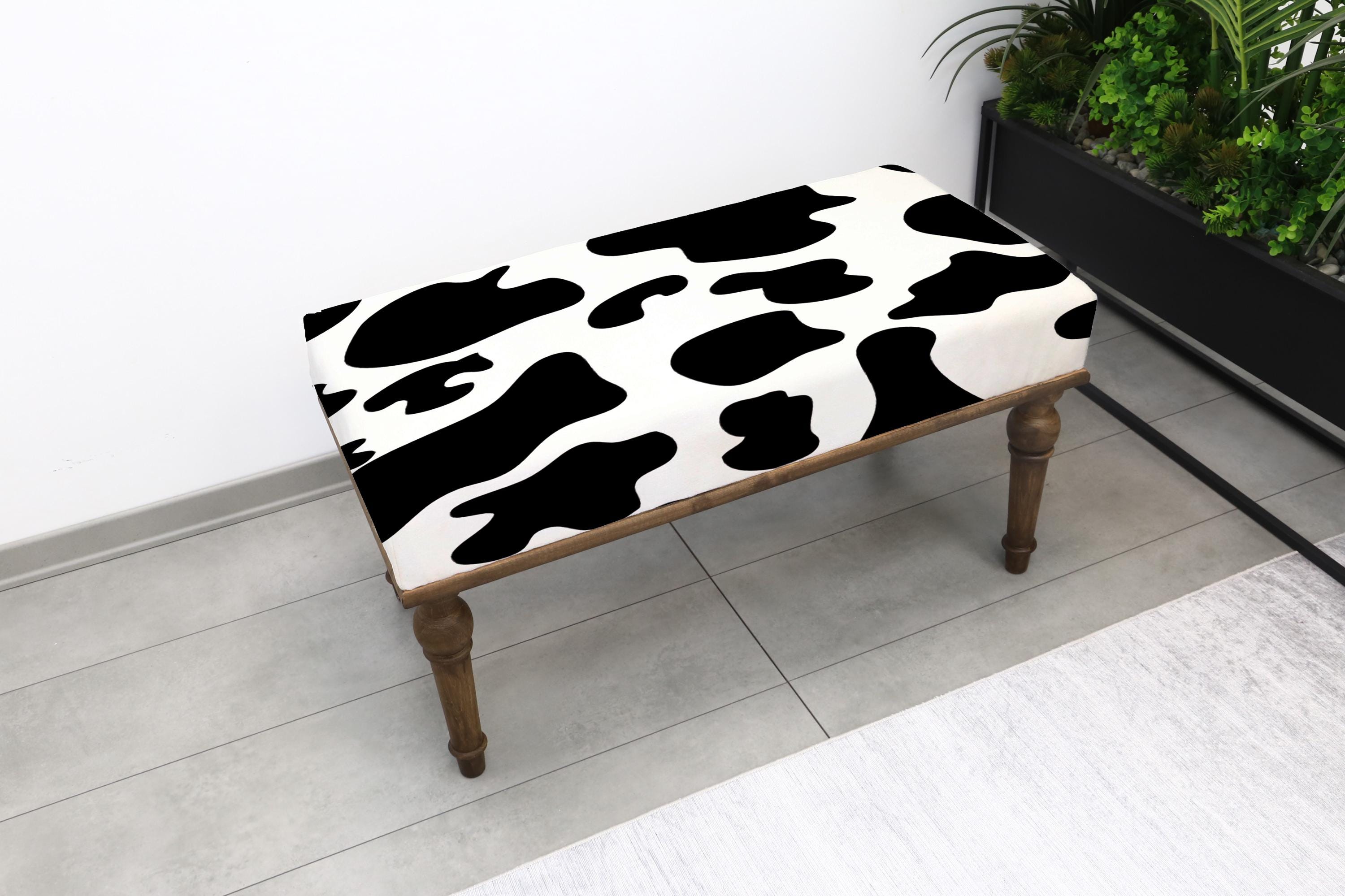 Black and White Cow Print Bench, Upholstered Rectangular Footstool ...