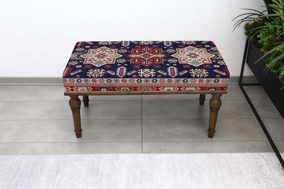 Upholstered Turkish Kilim Bench, Rustic Upholstered Ottoman, Cozy ...