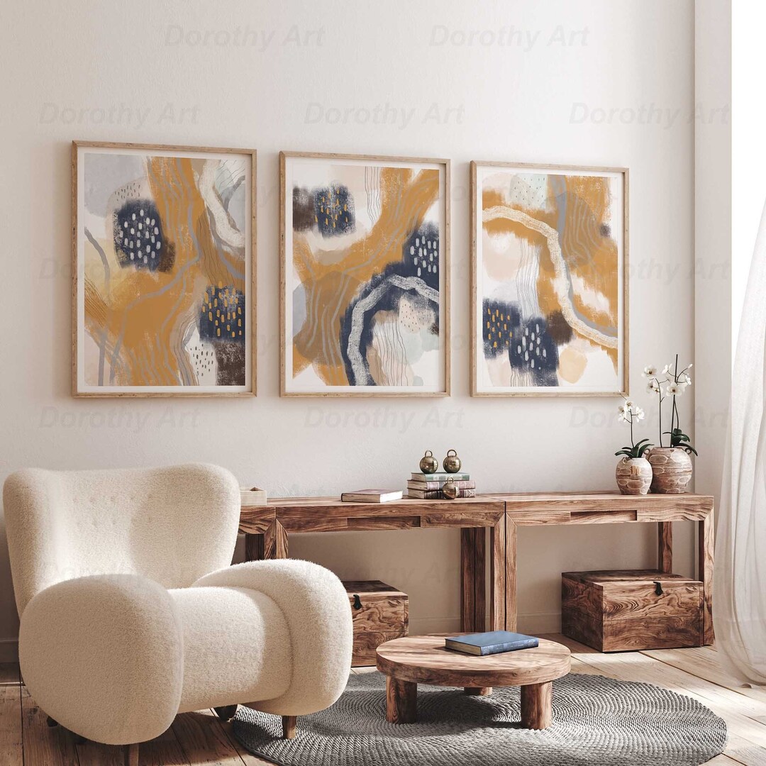 Neutral Printable Abstract Wall Art, Navy Blue Wall Art of 3 Trendy ...